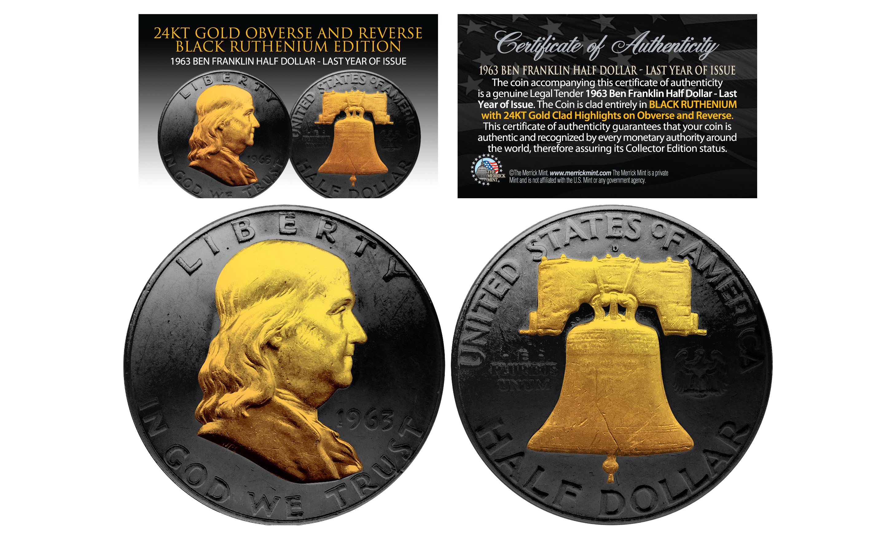 Black RUTHENIUM 2-Sided 1963 Ben Franklin Half Dollar with 24KT Gold C ...