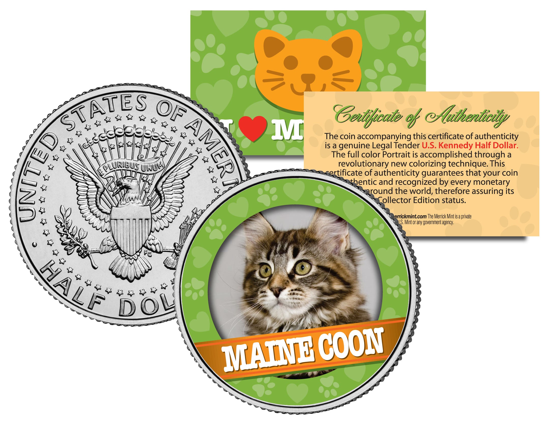 MAINE COON Cat JFK Kennedy Half Dollar U.S. Colorized Coin – Merrick Mint